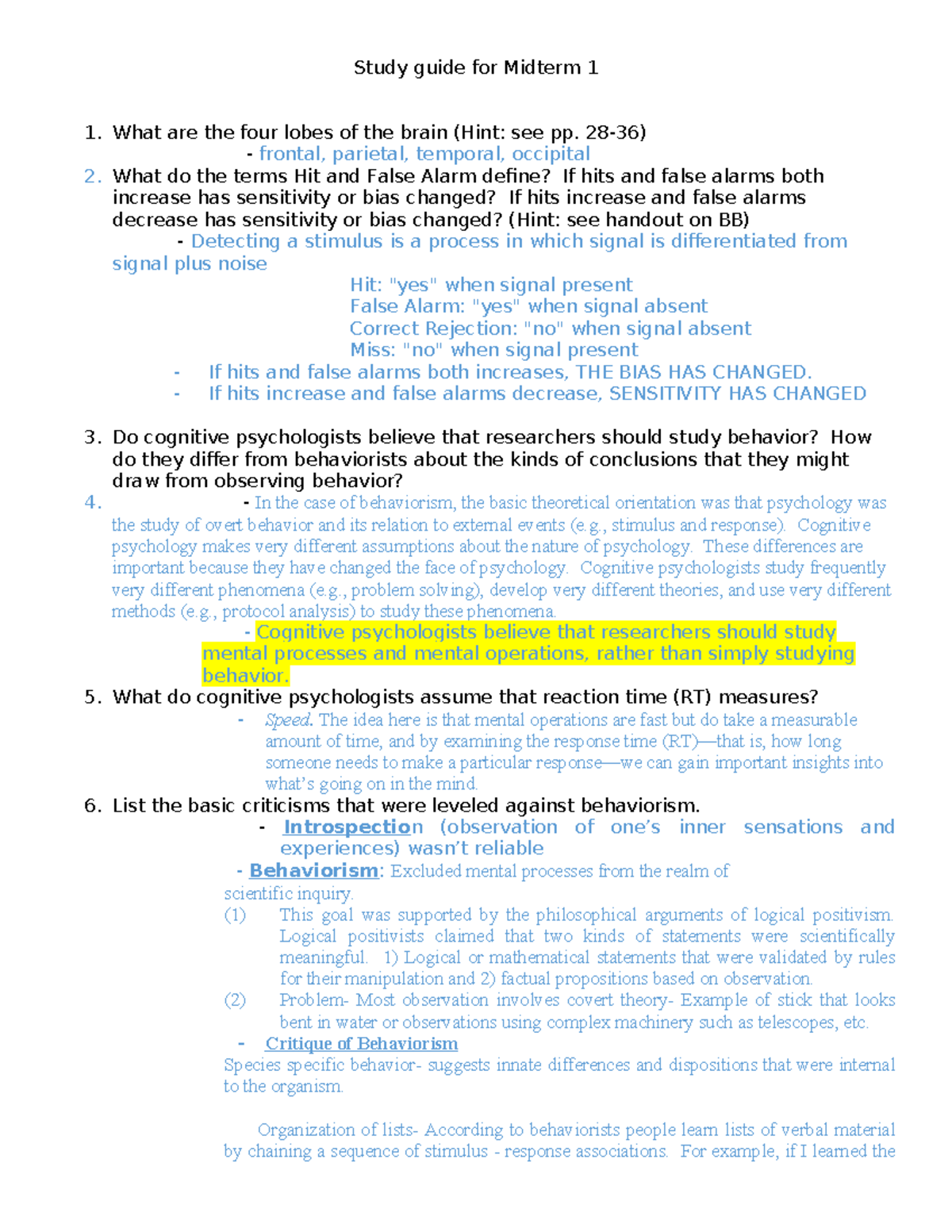 Cog study guide mid 1 Completed - Study guide for Midterm 1 What are the four lobes of the brain ...