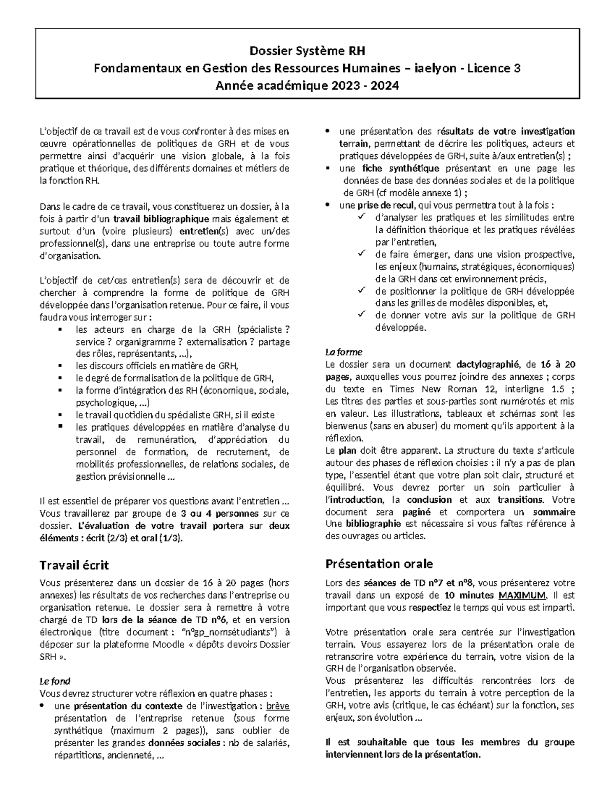 Dossier SRH L3 2024 - Dossier Système RH Fondamentaux en Gestion des ...