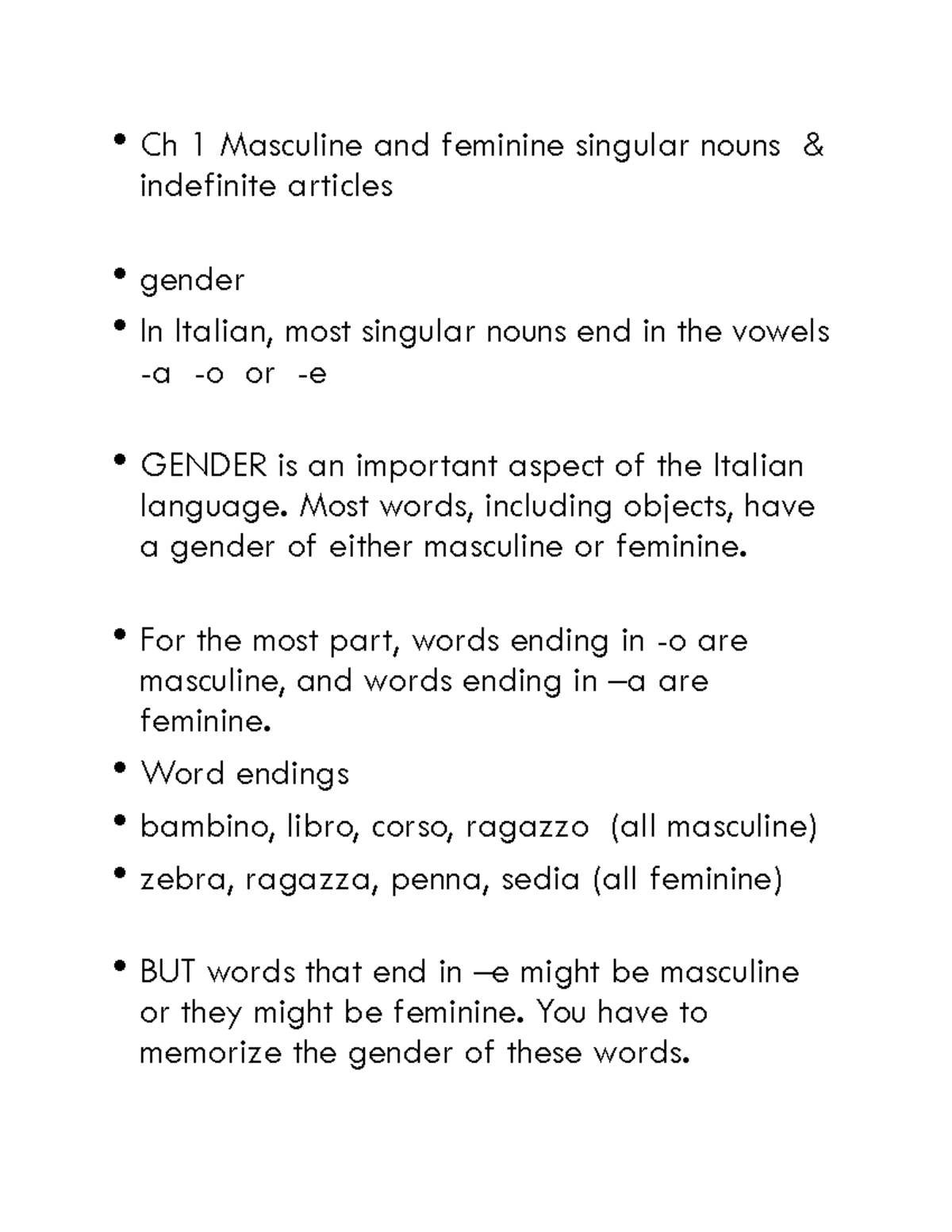 ITAL CH1 - Italian - • Ch 1 Masculine and feminine singular nouns ...
