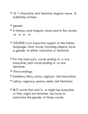 CH1 - Italian - • Ch 1 Masculine and feminine singular nouns ...