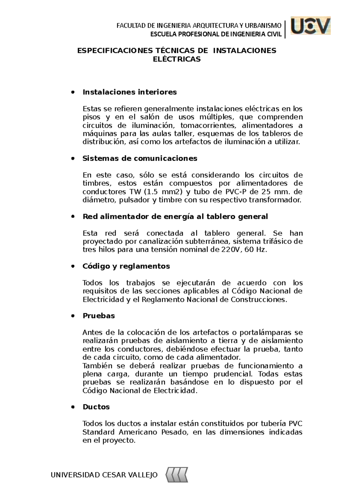 Especificaciones Tecnicas - Electricas - FACULTAD DE INGENIERIA ARQUITECTURA Y URBANISMO ESCUELA ...
