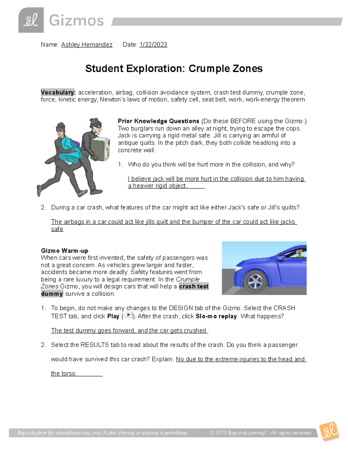 Crumple Zones gizmos - Name: Ashley Hernandez Date: 1/32/ Student ...