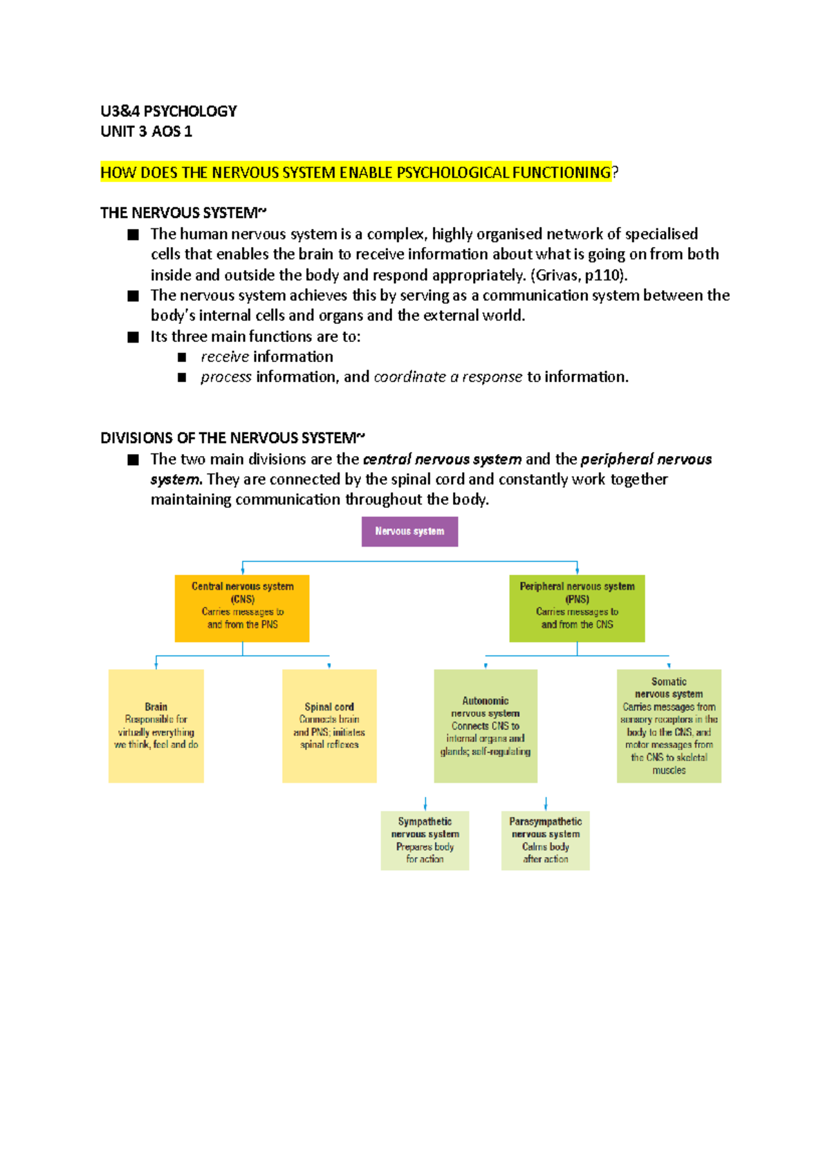 U3 Pscyh Notes - bam, - U3&4 PSYCHOLOGY UNIT 3 AOS 1 HOW DOES THE ...