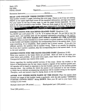 Practice Midterm - Second exam for MATH 1272: Calculus II, section 010 Name: Section Number: ID ...