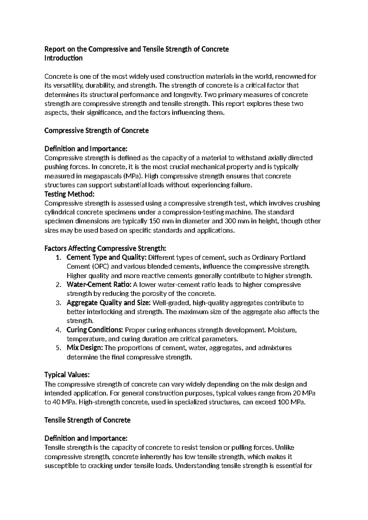 Concrete Strength Report - Report on the Compressive and Tensile ...