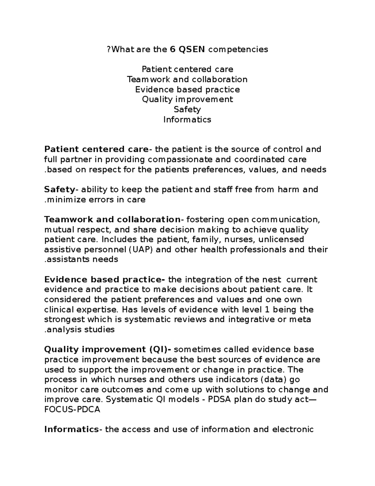 QSEN - CHAPTER READS - ?What are the 6 QSEN competencies Patient ...