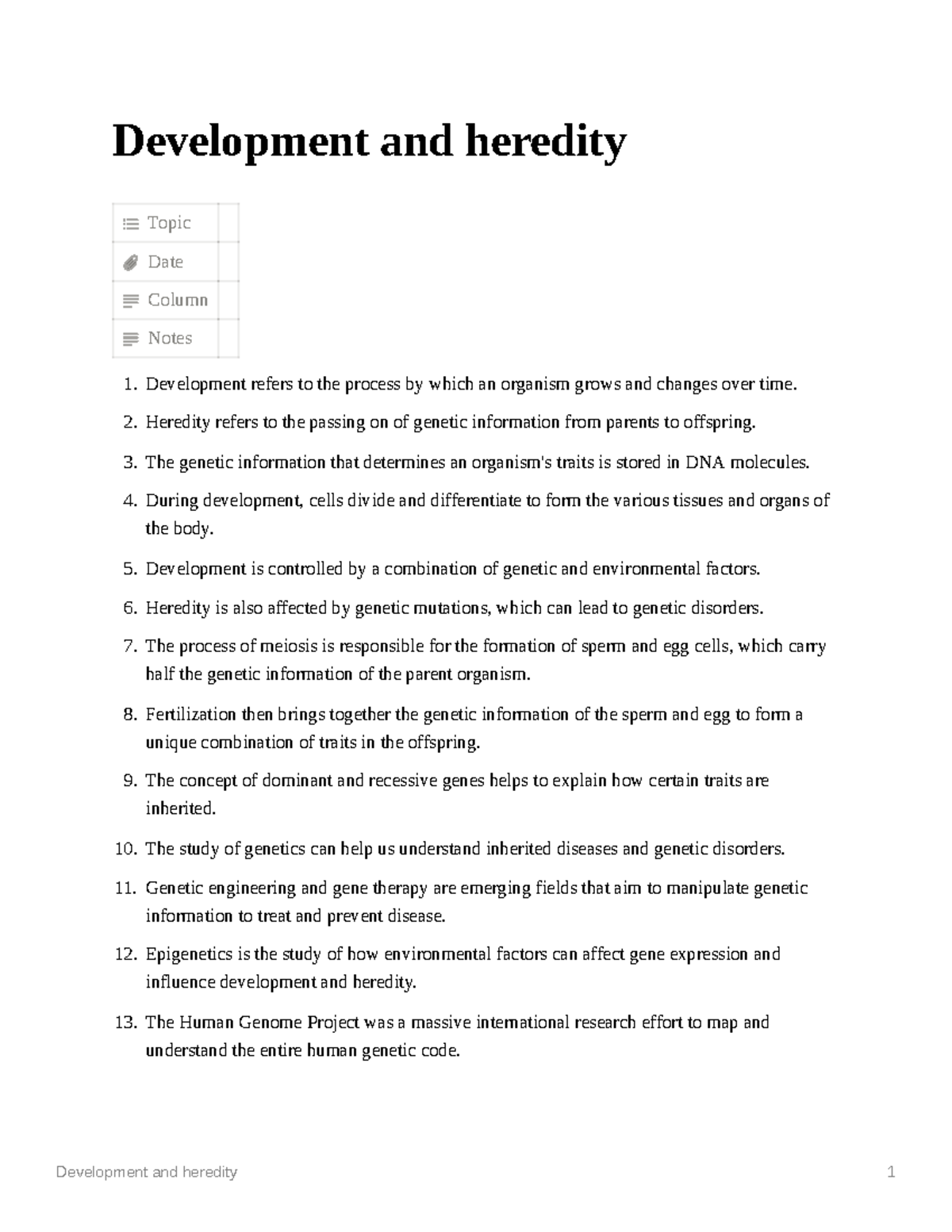Development and heredity - Development and heredity Topic Date Column ...