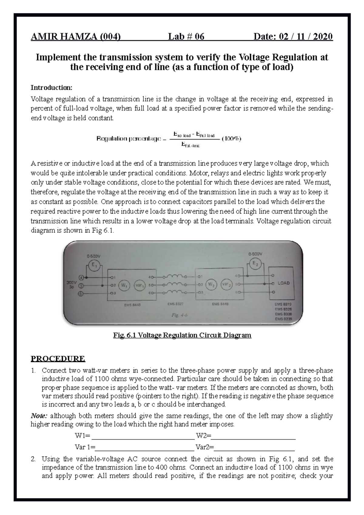 EPT-Lab 6 - Electrical Power Transmission Lab - AMIR HAMZA (004) Lab ...