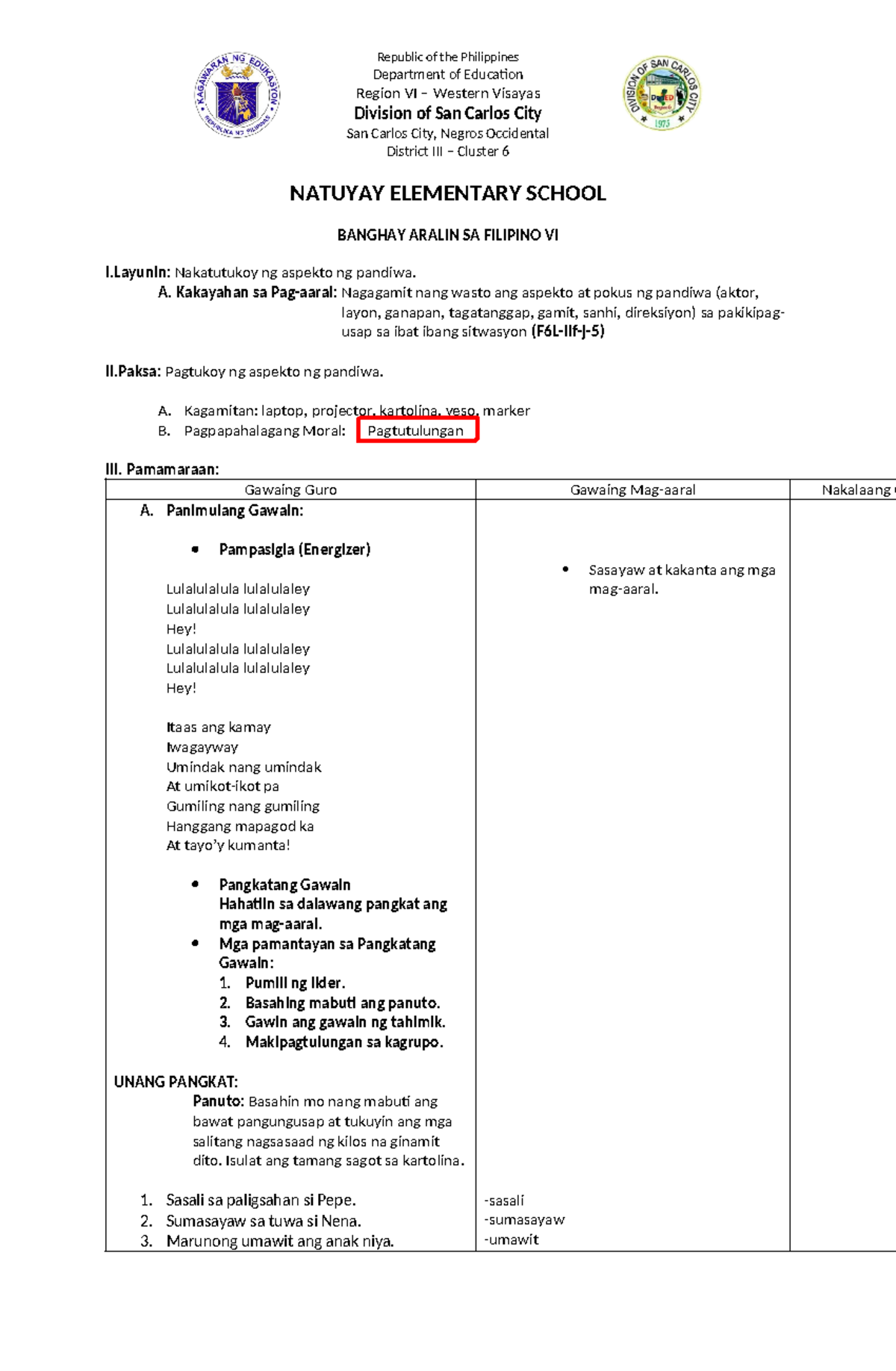 Lesson PLAN IN Filipino VI Quarter 2 - Republic of the Philippines ...