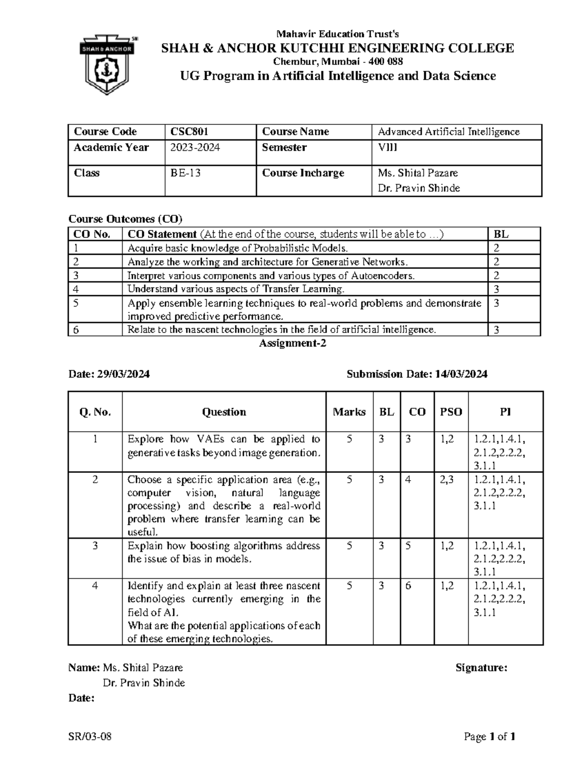 AAI Assignment No 1 - Mahavir Education Trust's SHAH & ANCHOR KUTCHHI ENGINEERING COLLEGE - Studocu