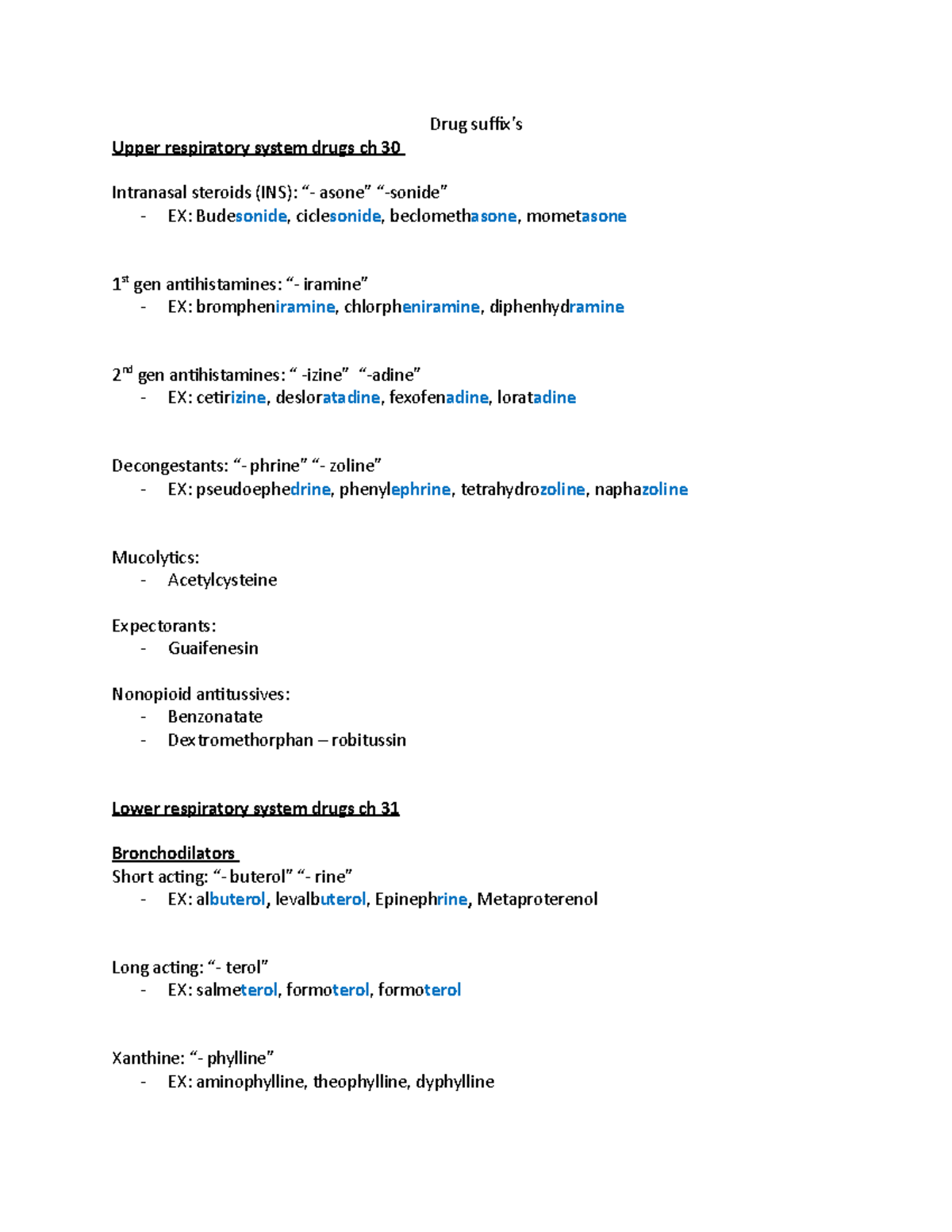 Drug suffix - pharm notes - RNSG 1201 - HCC - Studocu