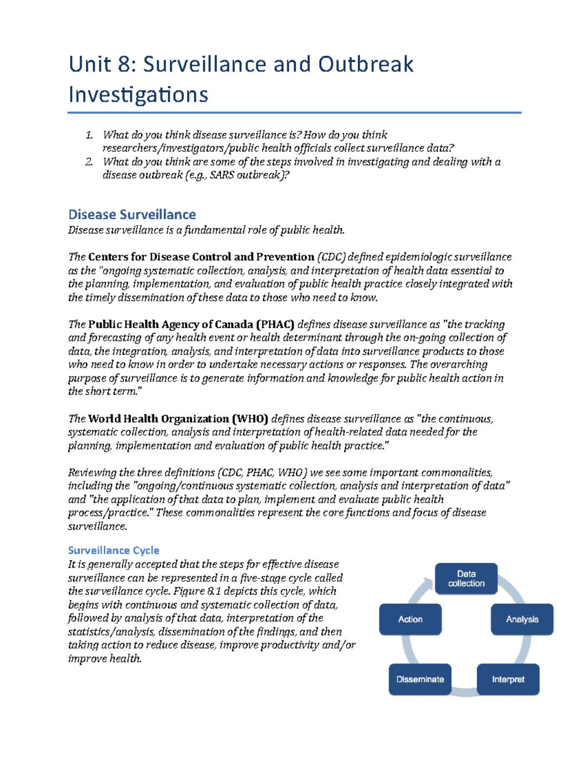 Epi unit 8 - Chapter summary for DE - Unit 8: Surveillance and Outbreak ...