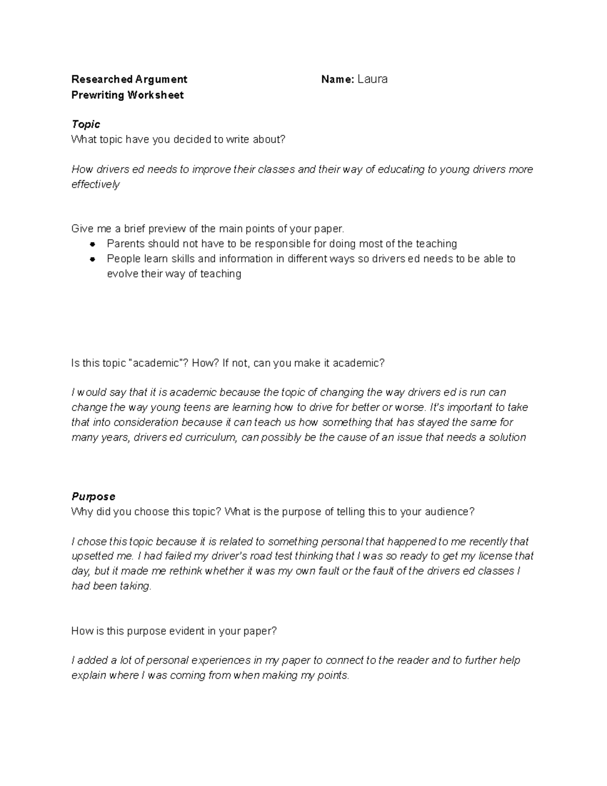 ::Researched Argument Prewriting Worksheetd - Researched Argument Name ...