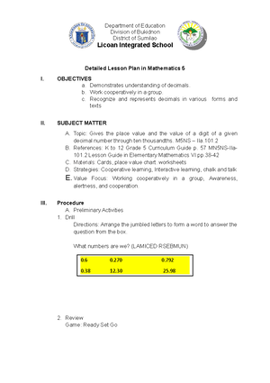 Detailed Lesson Plan in English 5. Observation Q2W1 - Division of ...