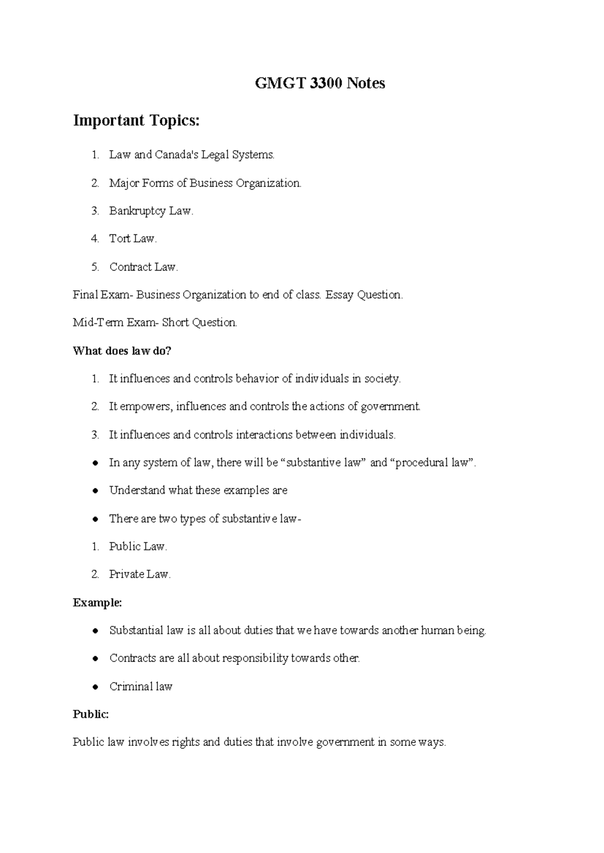 GMGT 3300 Notes - GMGT 3300 Notes Important Topics: Law and Canada's ...