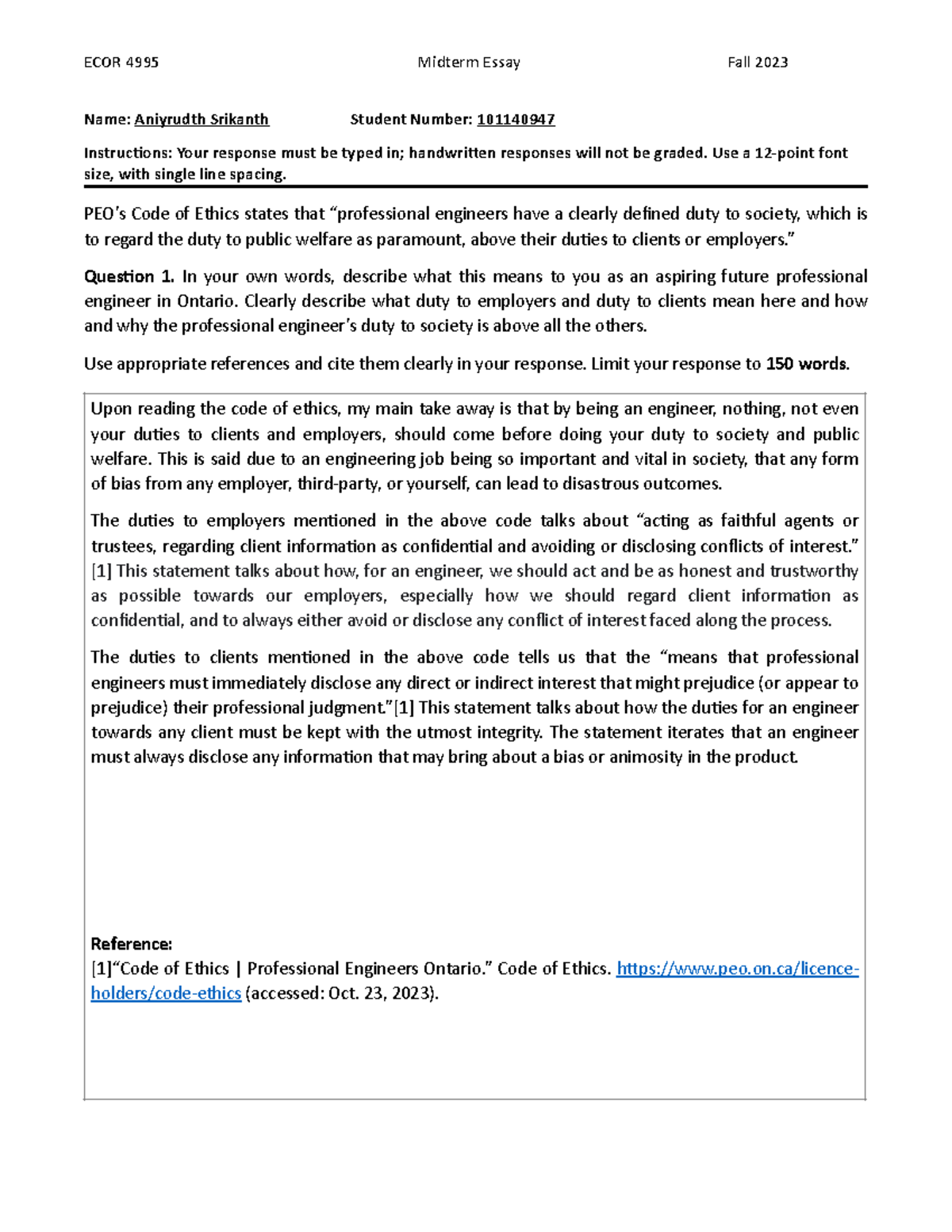 Midterm Essay - Name: Aniyrudth Srikanth Student Number: 101140947 ...