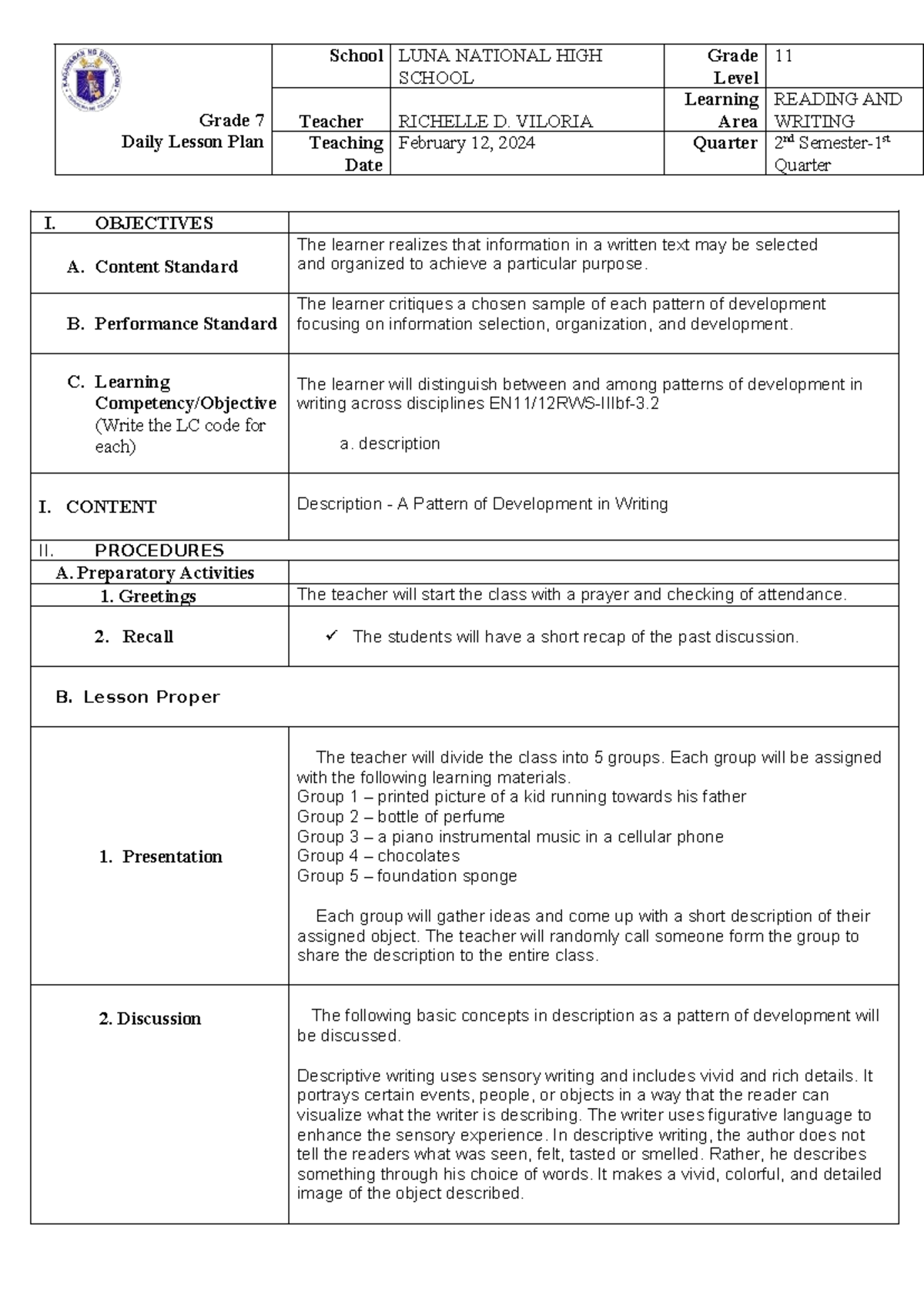 Daily Lesson Plan - Grade 7 Daily Lesson Plan School LUNA NATIONAL HIGH ...