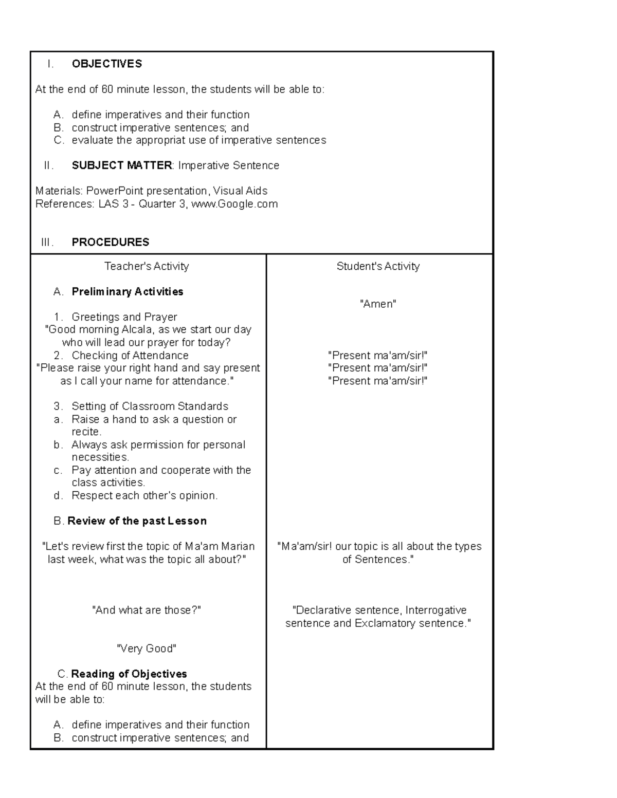 1st lesson plan - I hope this helps. - I. OBJECTIVES At the end of 60 ...