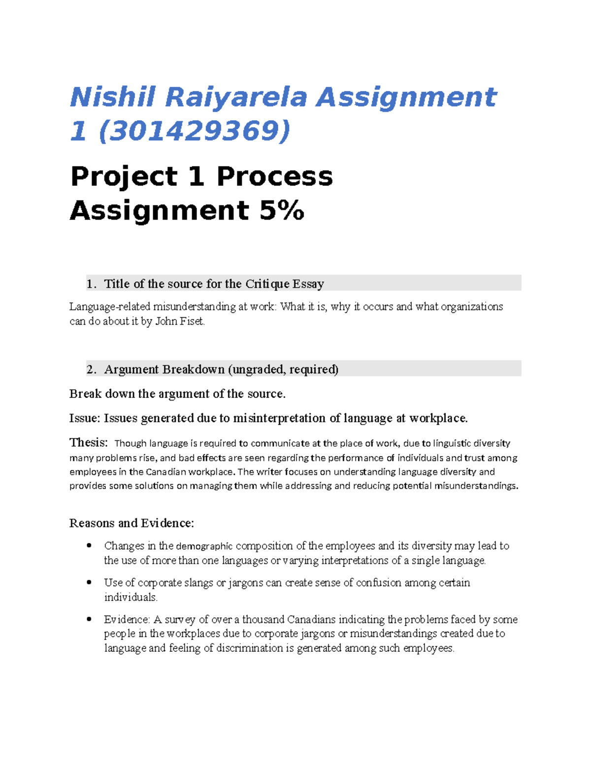 Assignment________ - Nishil Raiyarela Assignment 1 (301429369) Project 1 Process Assignment 5% 1 ...