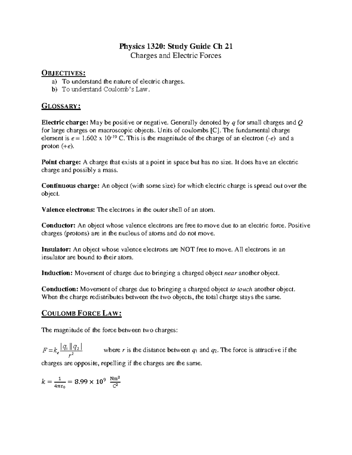 SG Ch 21 - Study Guide from Chapter 21 Coulomb's law - Physics 1320 ...