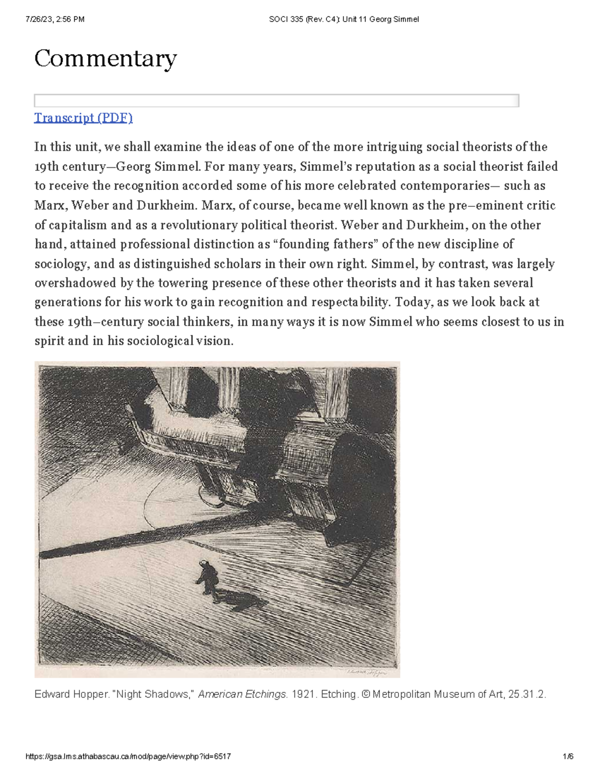 SOCI 335 (Rev. C4) Unit 11 Georg Simmel - Commentary Transcript (PDF ...