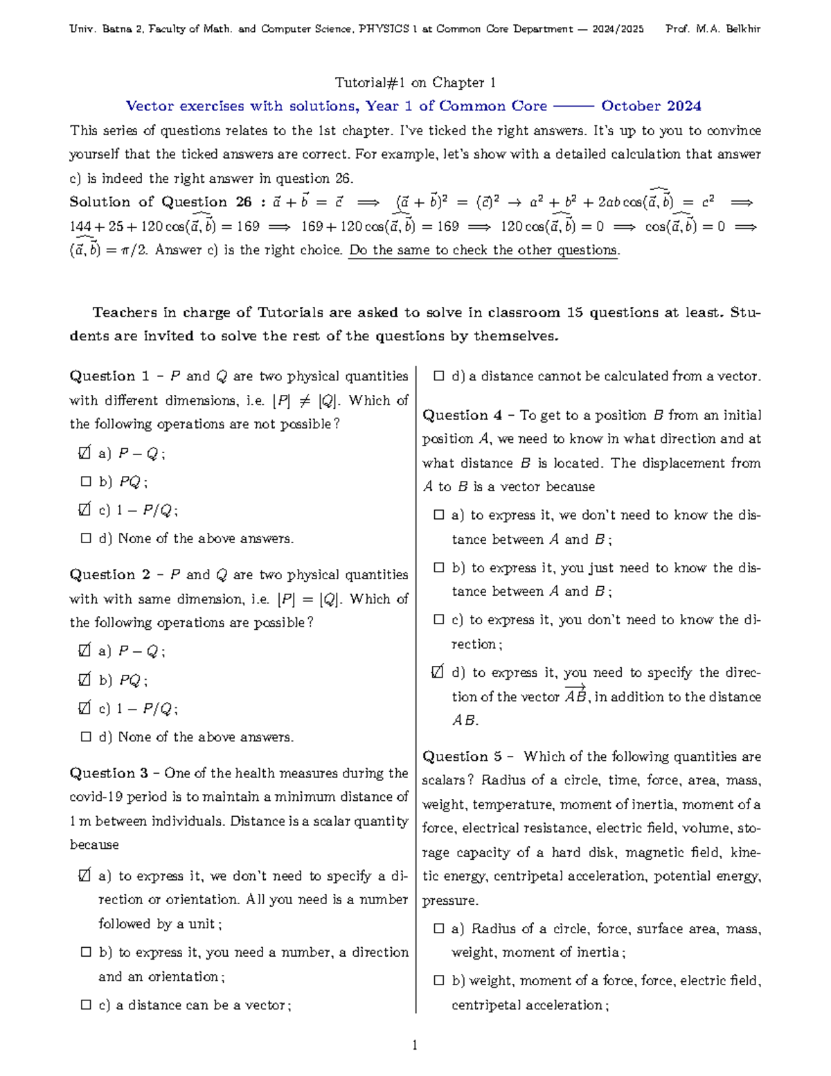 Tut1-vectors 2024-2025 - Tutorial#1 on Chapter 1 Vector exercises with solutions, Year 1 of ...