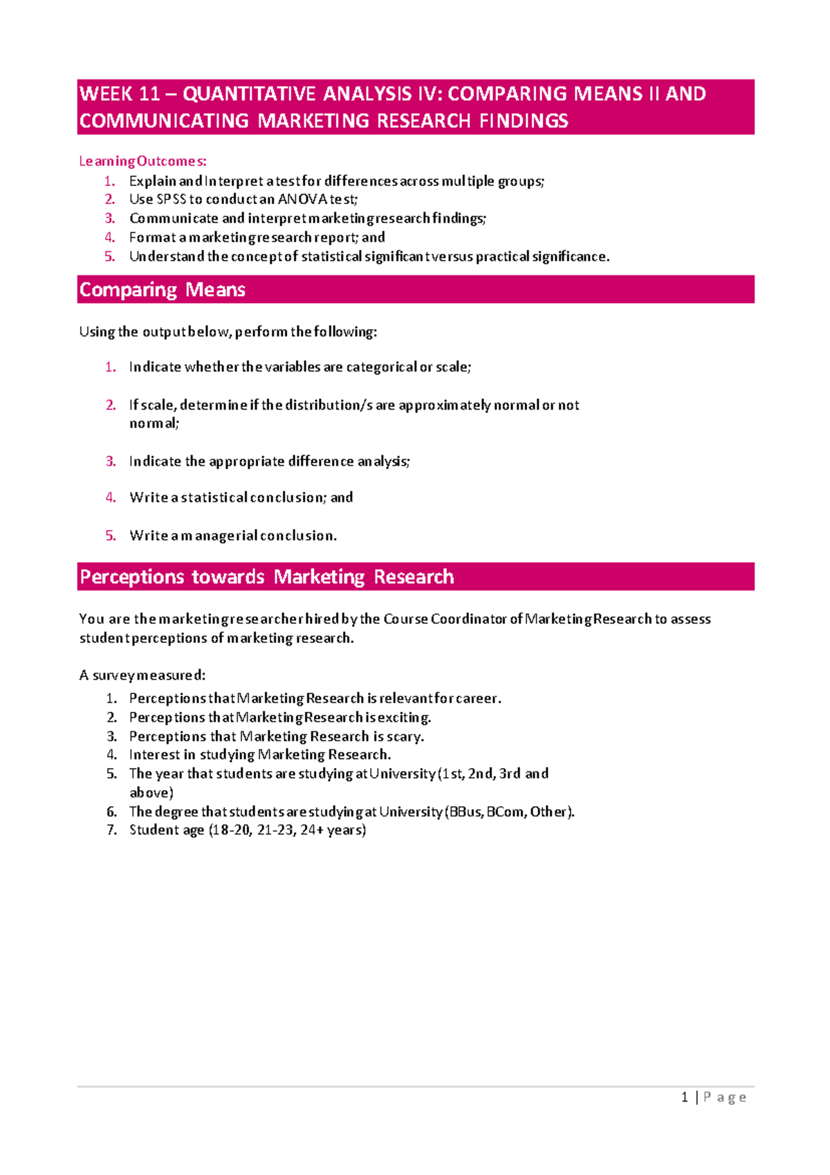 MKTG2010 Workshop 11 Quantitative Analysis IV Comparing Means between more than two groups ...