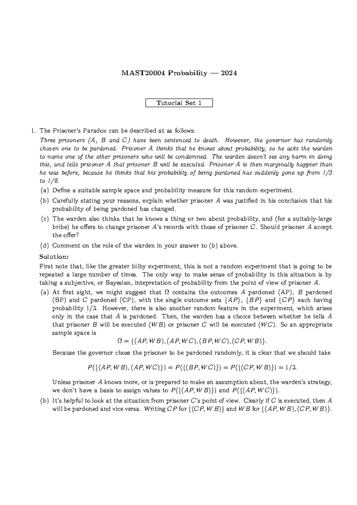 MAST20004 Tutorial 1 Solutions - MAST20004 Probability — 2024 Tutorial ...