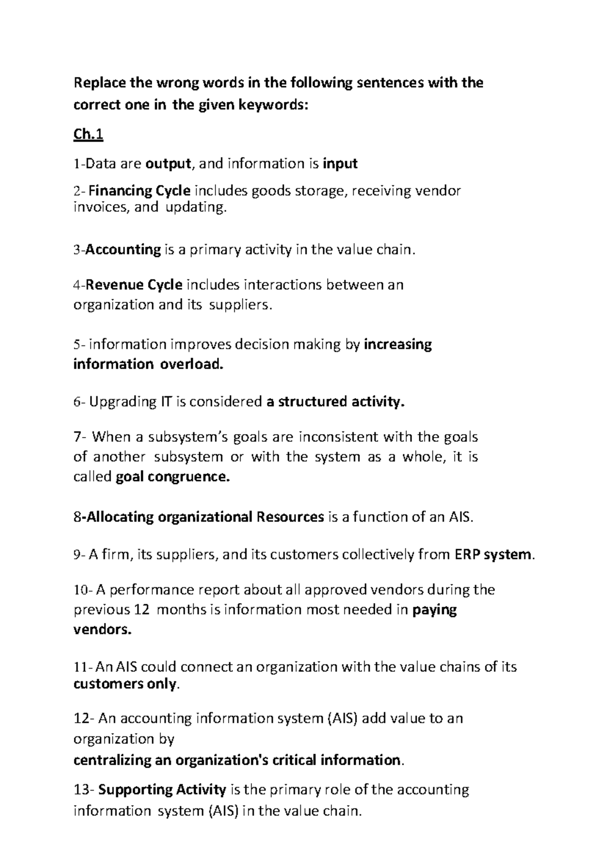 Chapter 1 replacement - Dr.Emad - Replace the wrong words in the following sentences with the ...