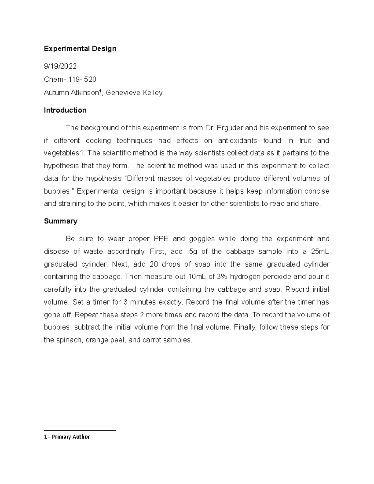 Experimental Design Lab Report - Experimental Design 9/19/ Chem- 119 ...