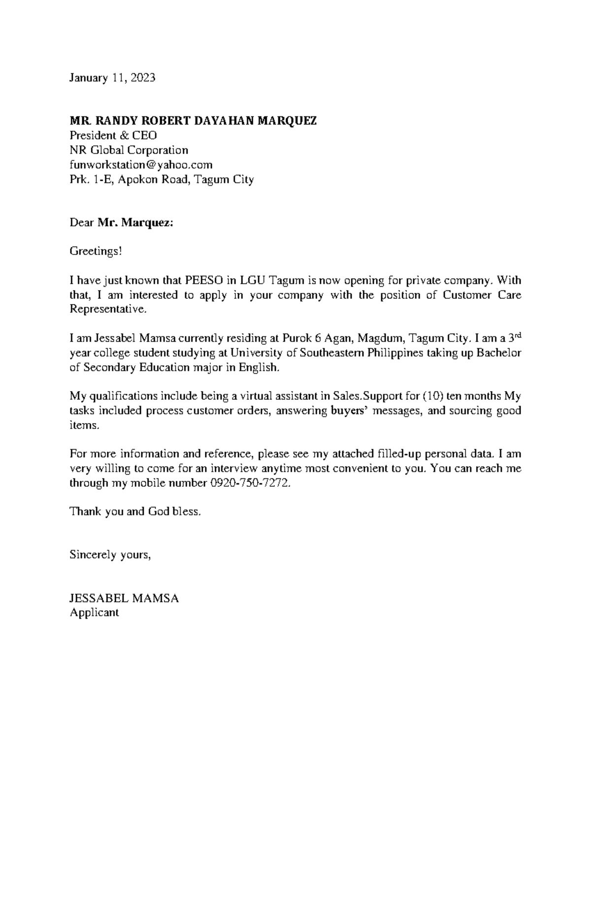 Application Letter 2023 - January 11, 2023 𝐌𝐑. 𝐑𝐀𝐍𝐃𝐘 𝐑𝐎𝐁𝐄𝐑𝐓 𝐃𝐀𝐘𝐀𝐇𝐀𝐍 ...