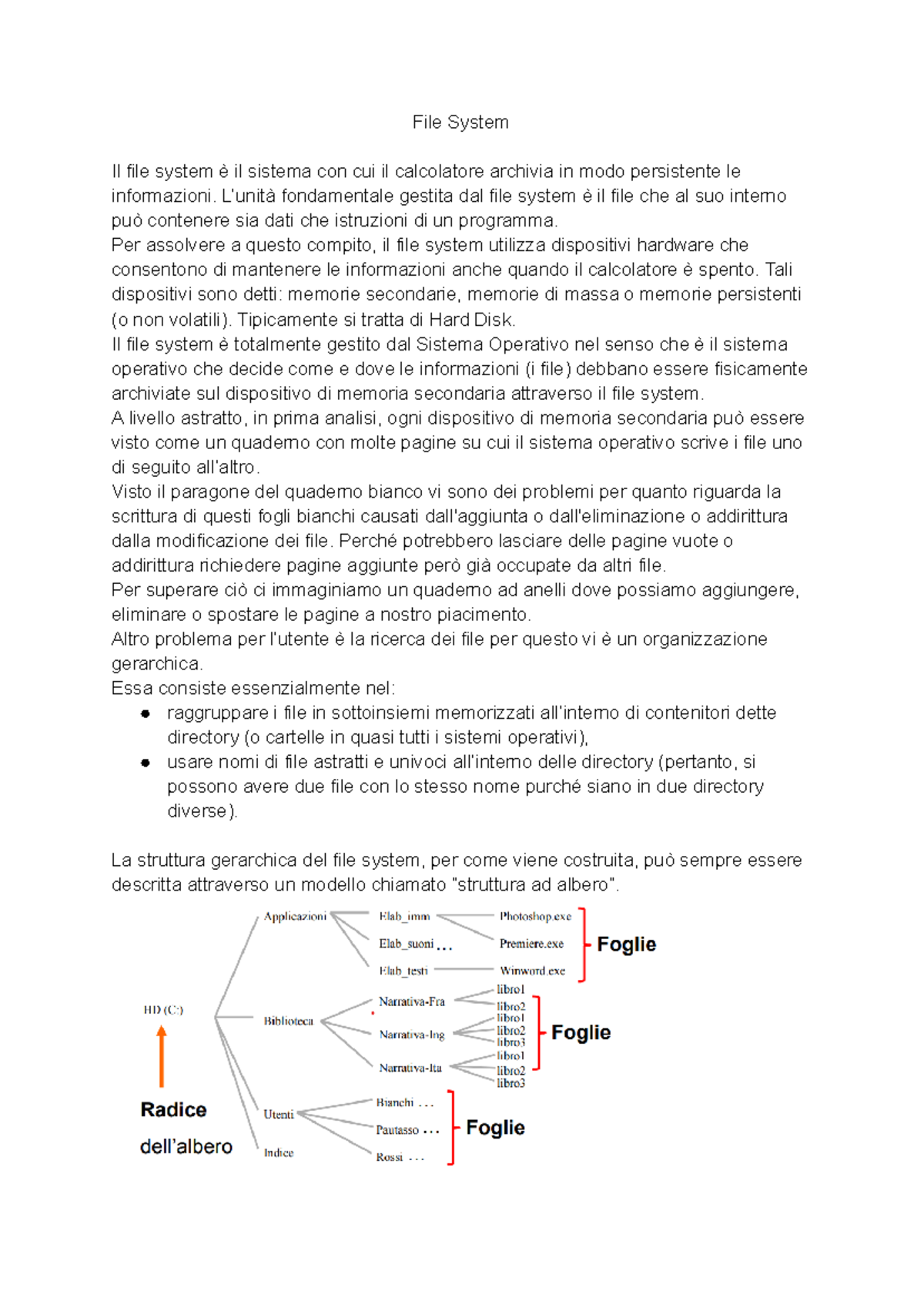 Riassunto lezione informatica - File System Il file system è il sistema ...