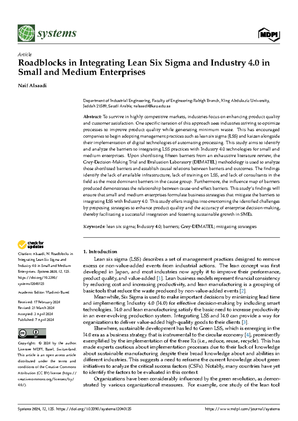 Systems-12-00125 - LSS article - Citation: Alsaadi, N. Roadblocks in ...