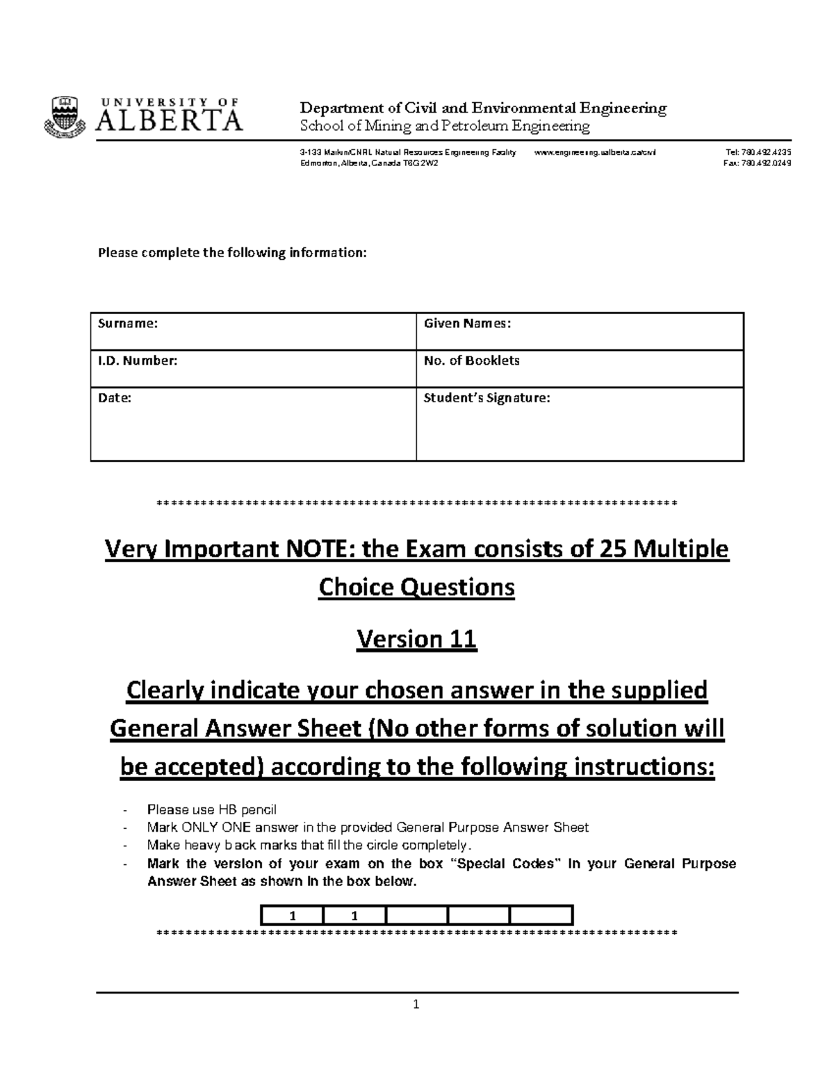 Sample/practice exam 2012, questions and answers - Please co Surname: I ...