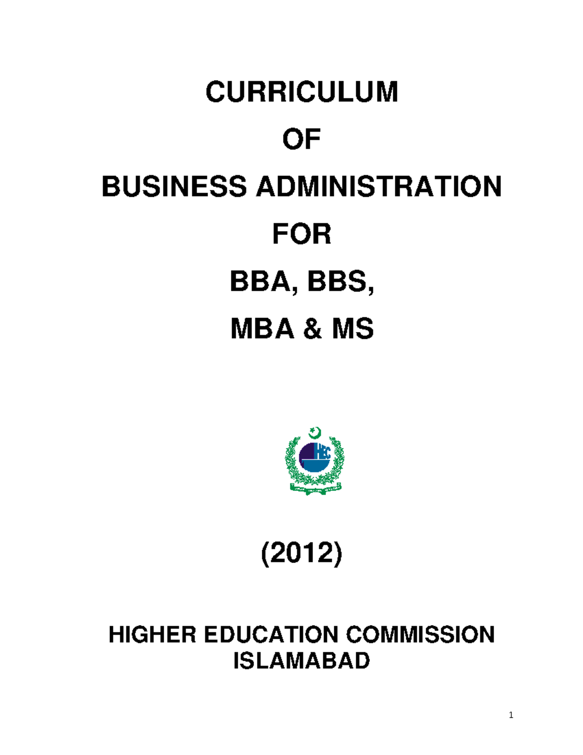 Business Admin-2012 - Policy of HEC - HIG HER EDUC ATIO N COMMISSION CURRICULUM OF BUSINESS ...