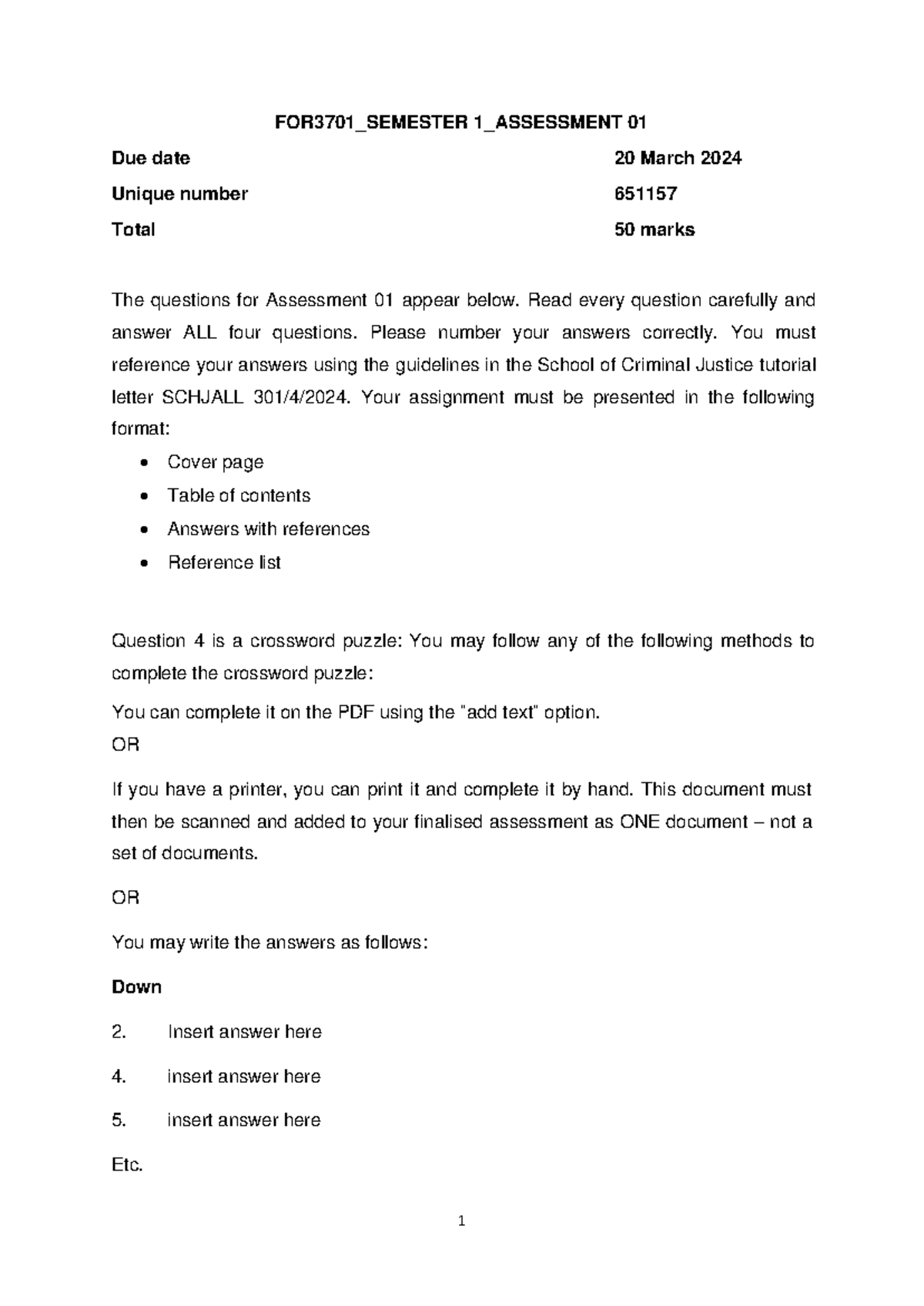 Assignment 01 FOR3701 2024 Sem 1 - FOR3701_SEMESTER 1_ASSESSMENT 01 Due date 20 March 202 4 ...