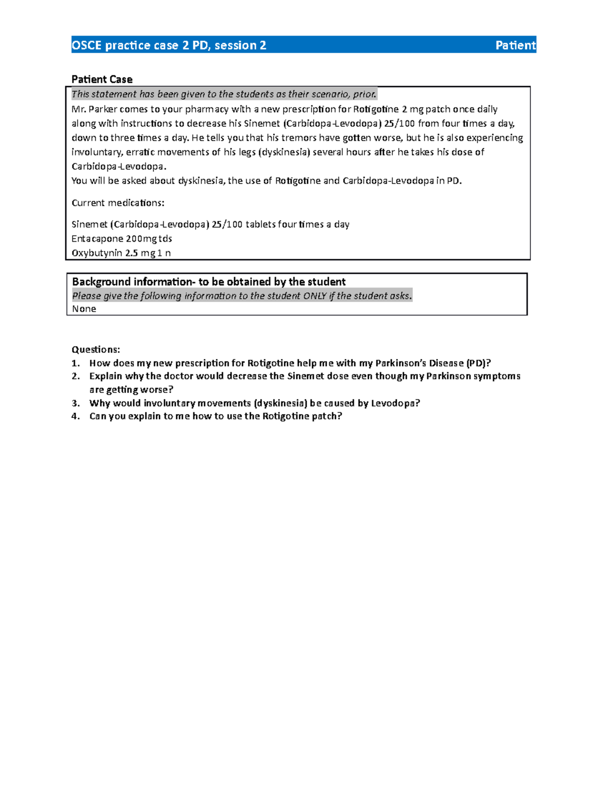 Phar3820 case 2 PD OSCE session 2-1-1 - OSCE practice case 2 PD ...