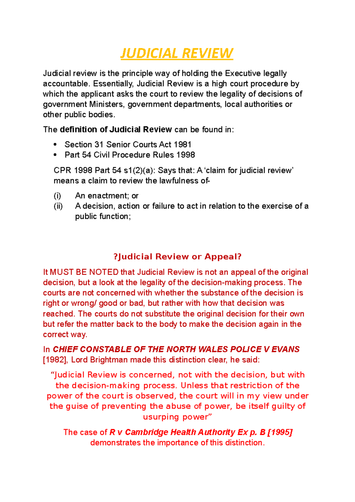 Judicial Review - Study notes - JUDICIAL REVIEW Judicial review is the ...