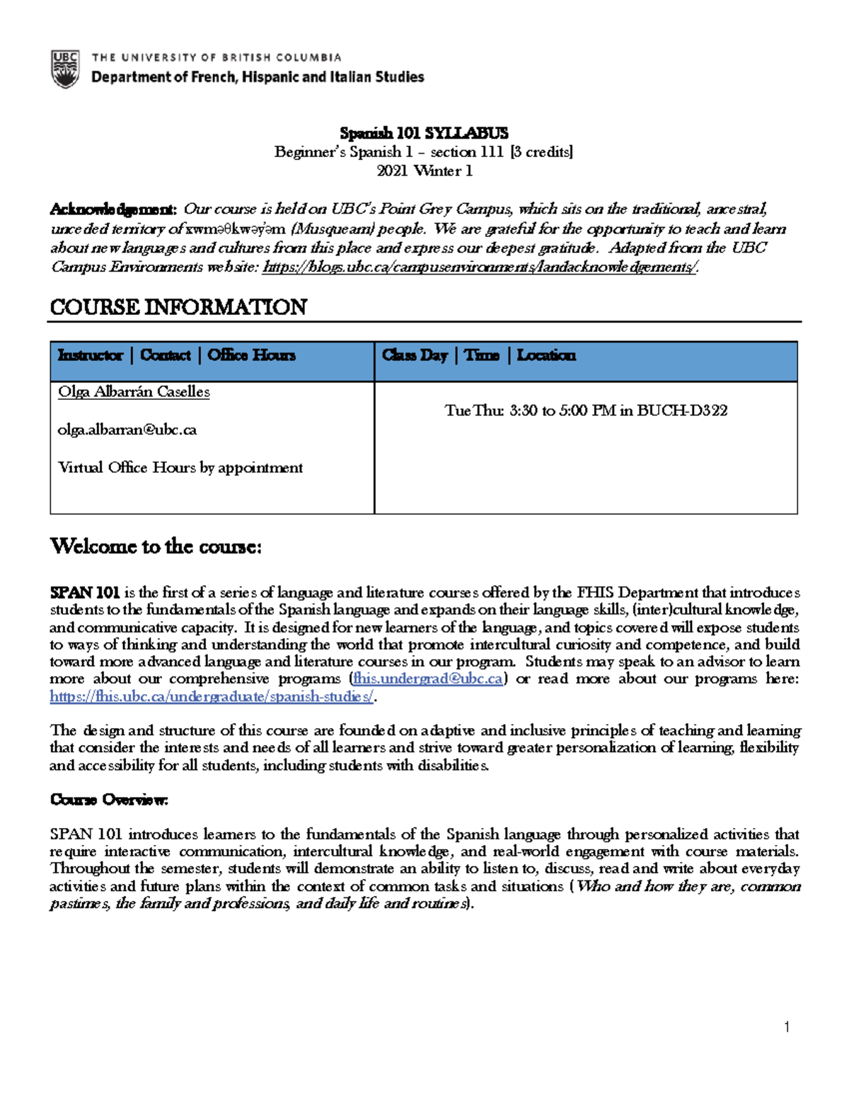 SPAN 101 111 Syllabus WT1 2021 Spanish 101 SYLLABUS Beginner s