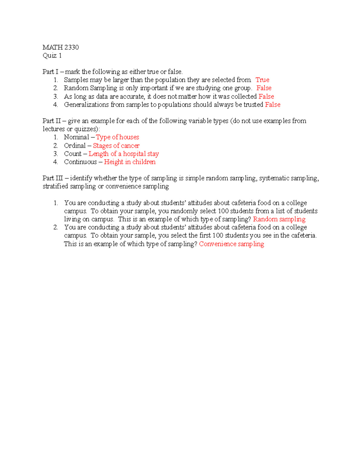 Quiz 1 - Practice materials - MATH 2330 Quiz 1 Part I – mark the following as either true or ...