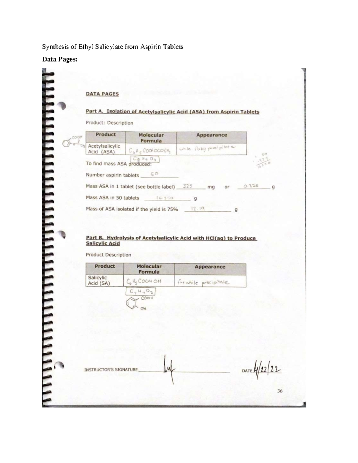 Chem 123 Lab Report 2 - Synthesis of Ethyl Salicylate from Aspirin ...
