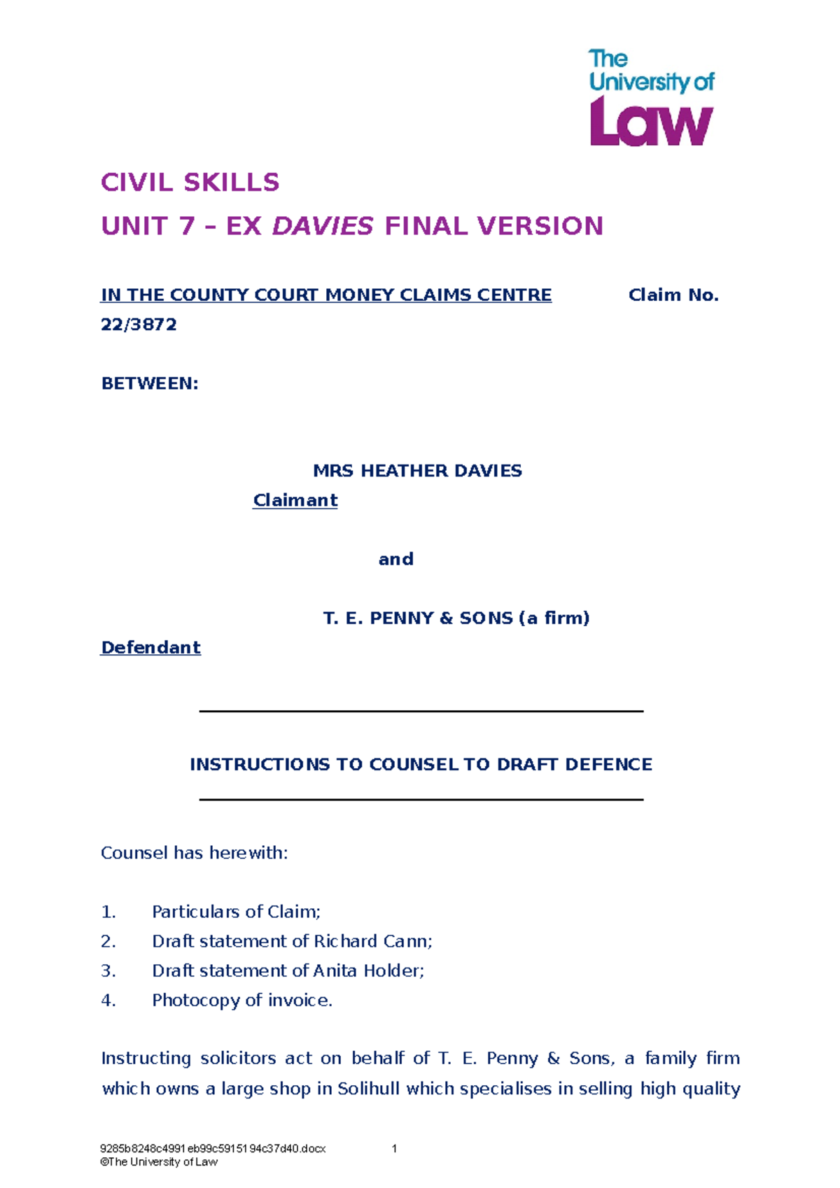 Draft a defence for Harrington council - CIVIL SKILLS UNIT 7 – EX ...