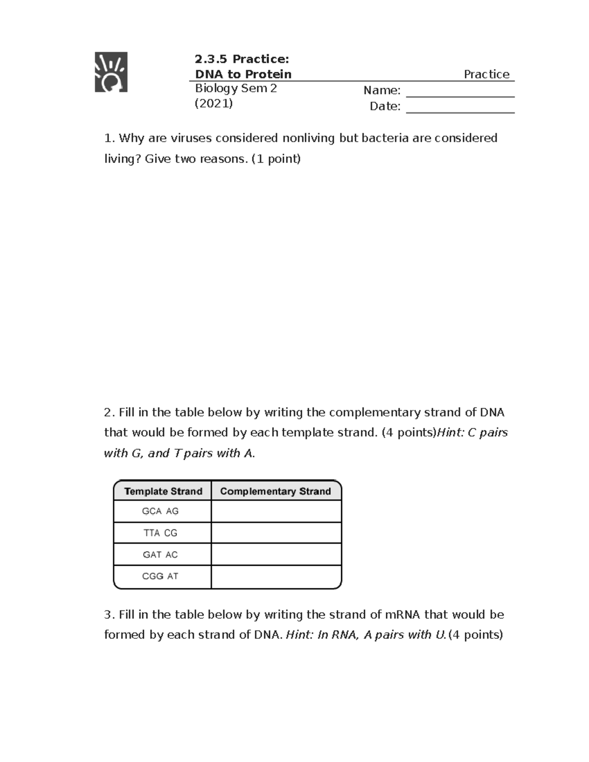2.3.5 Practice - DNA to Protein (Practice) - 2.3 Practice: DNA to ...