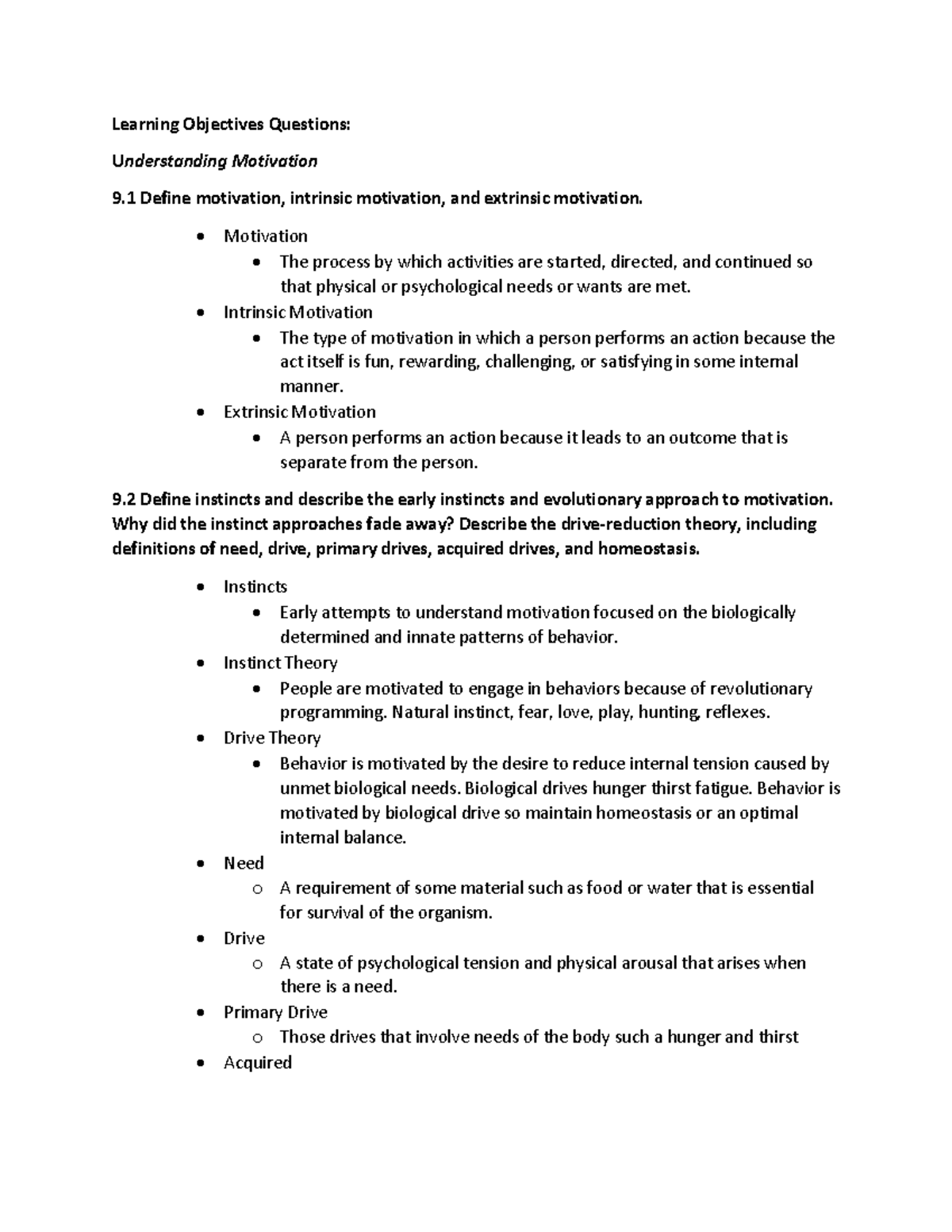 Psy 110 learning objectives ch 9 - Learning Objectives Questions: U nderstanding Motivation 9 ...