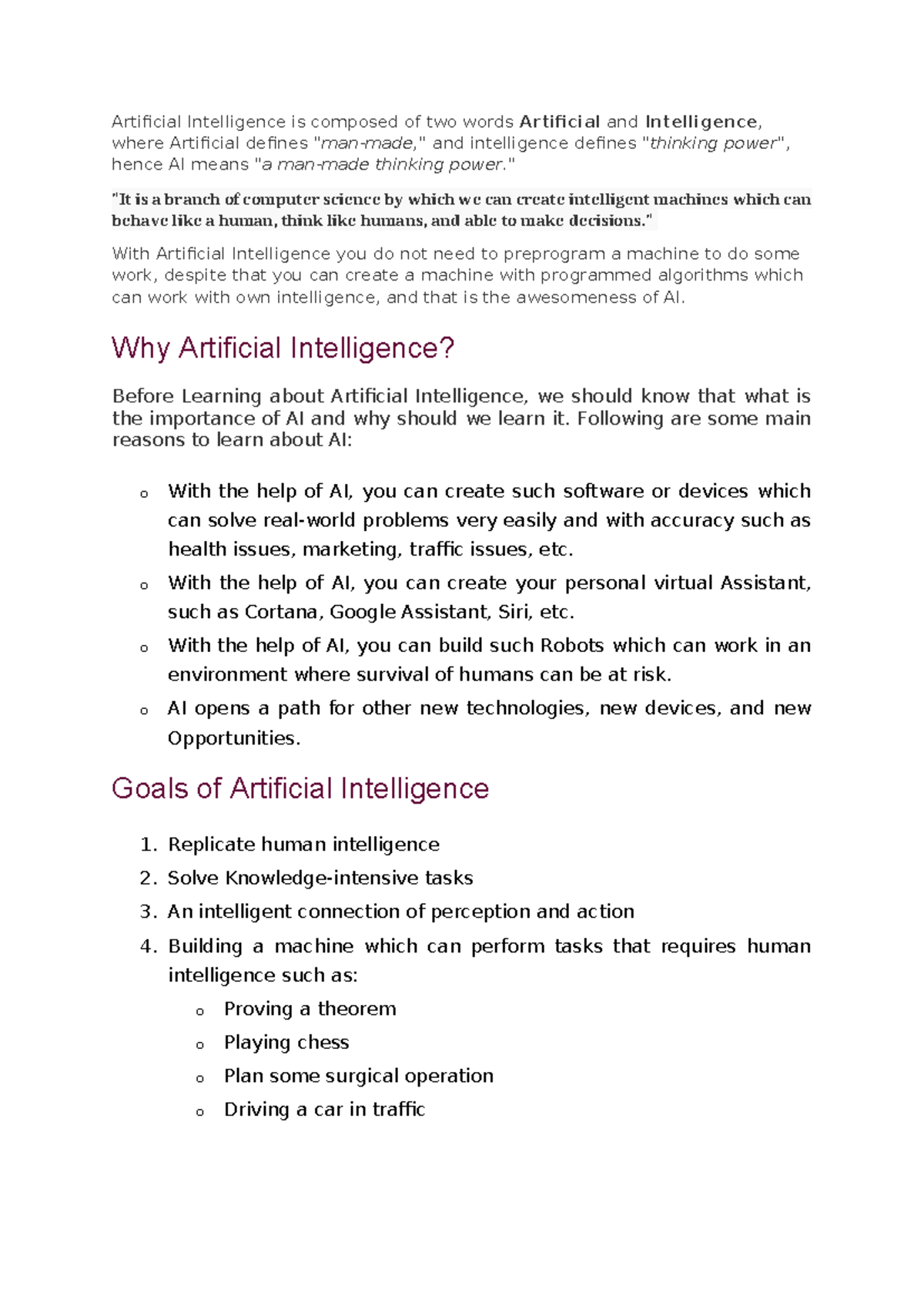 Artificial Intelligence - " "It is a branch of computer science by which we can create - Studocu