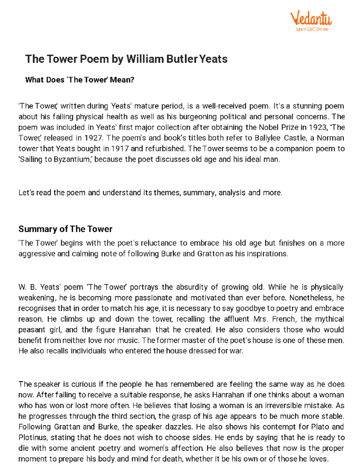 The Tower Poem by William Butler Yeats - masters in history - Studocu