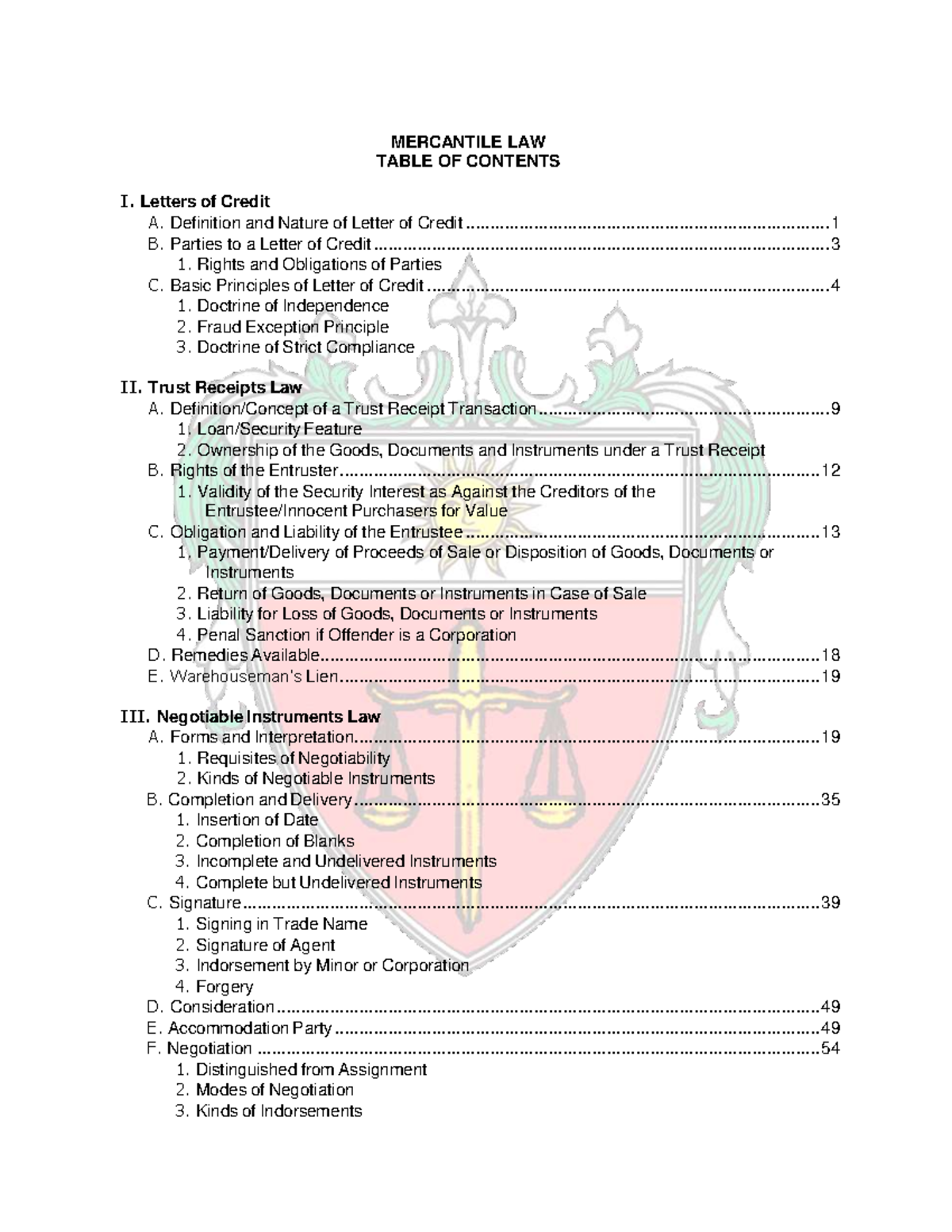 Mercantile Law Bar QA 2009-2017 - MERCANTILE LAW TABLE OF CONTENTS I ...