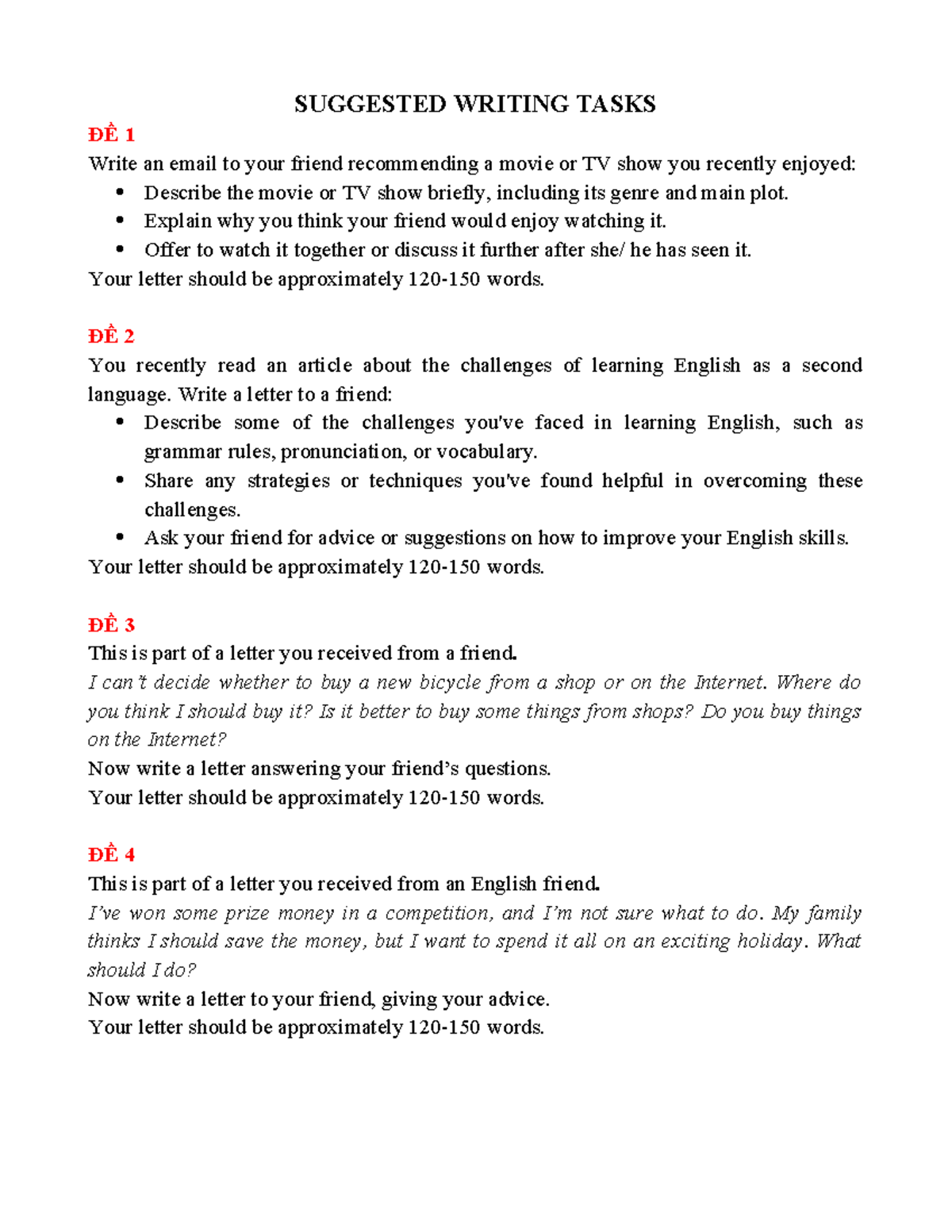 Suggested Writing TASK 2 FOR GE2 - SUGGESTED WRITING TASKS ĐỀ 1 Write ...