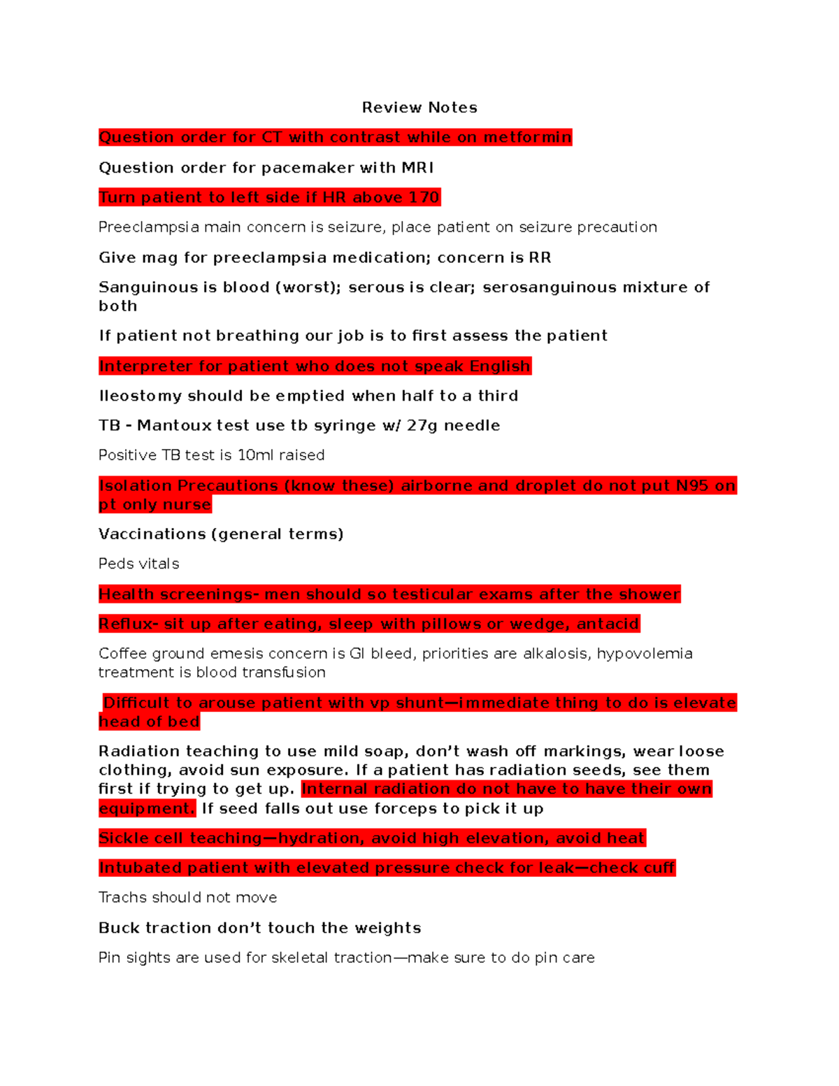 Review Notes - Review Notes Question order for CT with contrast while ...
