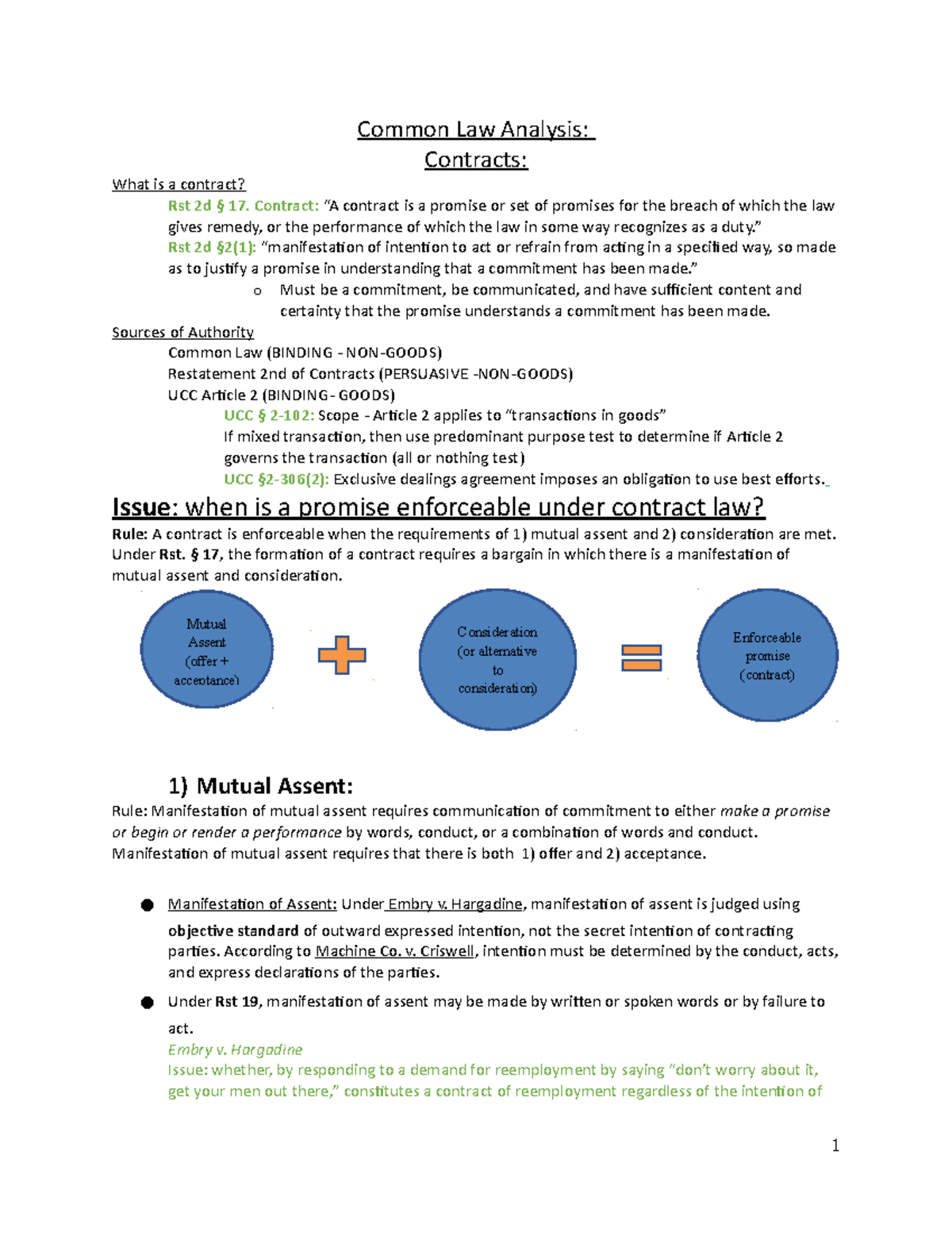 Contracts Outline (Min, Fall 2020) - Common Law Analysis: Contracts ...